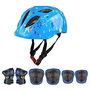 Besmall Kids Helmet Protective Gear Set, Child Ages 3-7 Cycling Adjustable Helmet Safety Pads Set for Boys Girls Roller Skateboard Bicycle Blue （Helmet + 2 Knee + 2 Elbow Pads + 2 Wrist Guards）