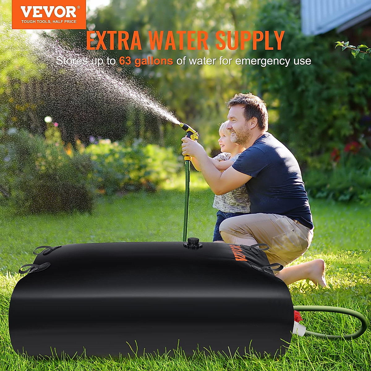 VEVOR Portable Water Storage Bladder,63 Gallon Large Capacity Water Storage Containers,1000D PVC Water Bladder Including Spigots and Overflow Kit, Water Tank for Garden Water Catcher, Black