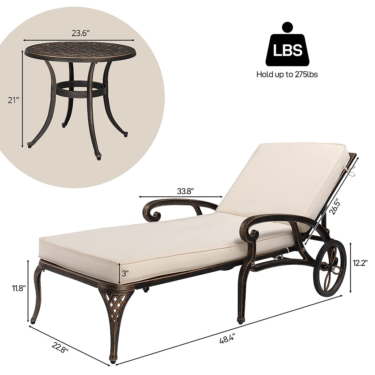 VINGLI Cast Aluminum Outdoor Chaise Lounge Chair and Side Table Set, Patio Chaise Lounge with 3-Position Adjustable Backrest, Tanning Chair Reclining Chair Poolside Lounge Chair (with Round Table)