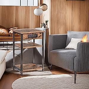 VGWHY End Table with Charging Station, 3 Tier Side Table with USB Ports and Power Outlets, Rustic Brown Night Stand for Living Room, Bedroom