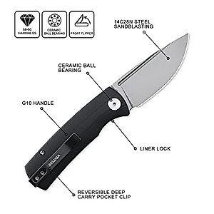 Petrified fish PFP01X Beluga,2.99" 14C28N Sand blasting Blade,95.6g G10 Hande Front Flipper Liner lock Folding knife (Sand blasting, Black G10)