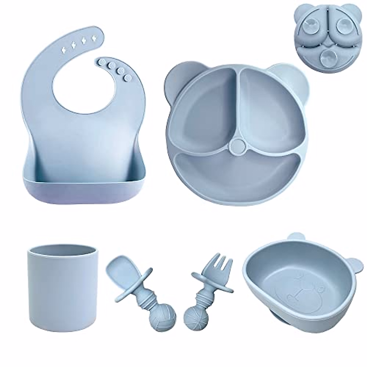 TINGGNIT 6pcs Silicone Baby Feeding Set, Silicone Bib, Toddler, Bowl, Straw Cup with Suction Baby Plate Fork&Spoon Baby Eating Supplies, Baby Plates With Suction,Baby Gifts,(Dust Blue）
