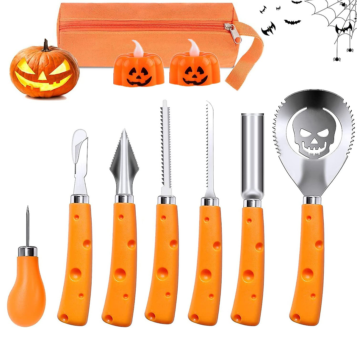Oizzduru Pumpkin Carving Kit Halloween, 9 PCS Professional Heavy Duty Carving Set, Stainless Steel Pumpkin Carving Tools with Carrying Case LED Candles for Halloween Decoration Jack-O-Lanterns