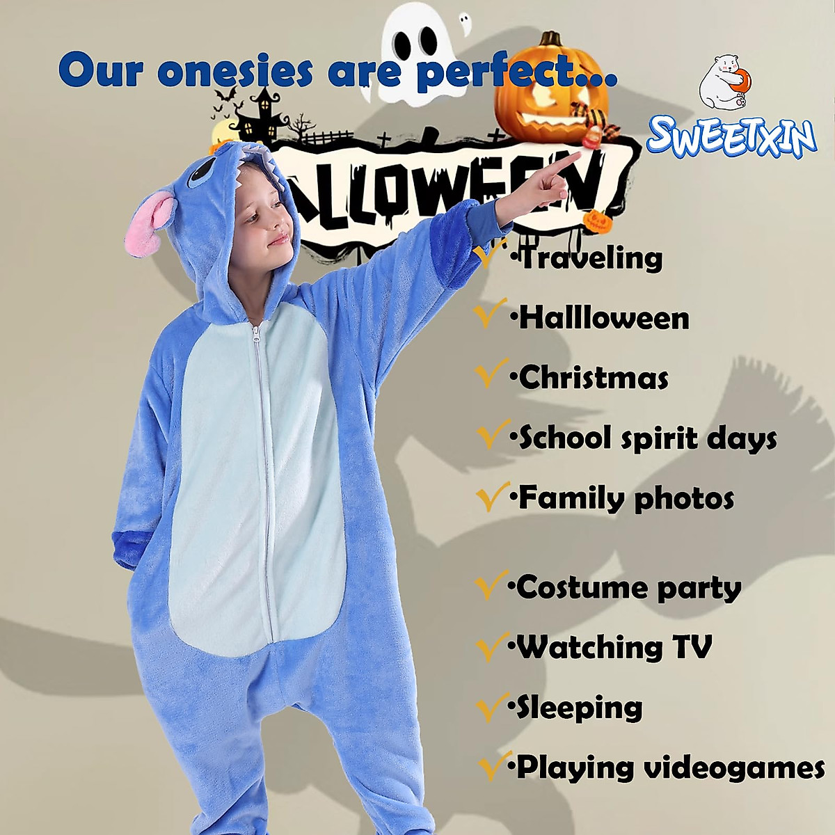 SWEETXIN Kids Unise Onesie Pajamas Plush One Piece Halloween Costume Cosplay Sleepwear for Girls Boys (5 Years,Blue Stitch)