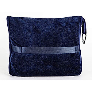 BlueHills Premium Soft Travel Blanket Pillow Value Pack Set of 2 - Airplane Flight Blanket Throw in Soft Bag with Luggage Belt Compact Pack Large Blanket for Travel Navy Blue and Purple Colors