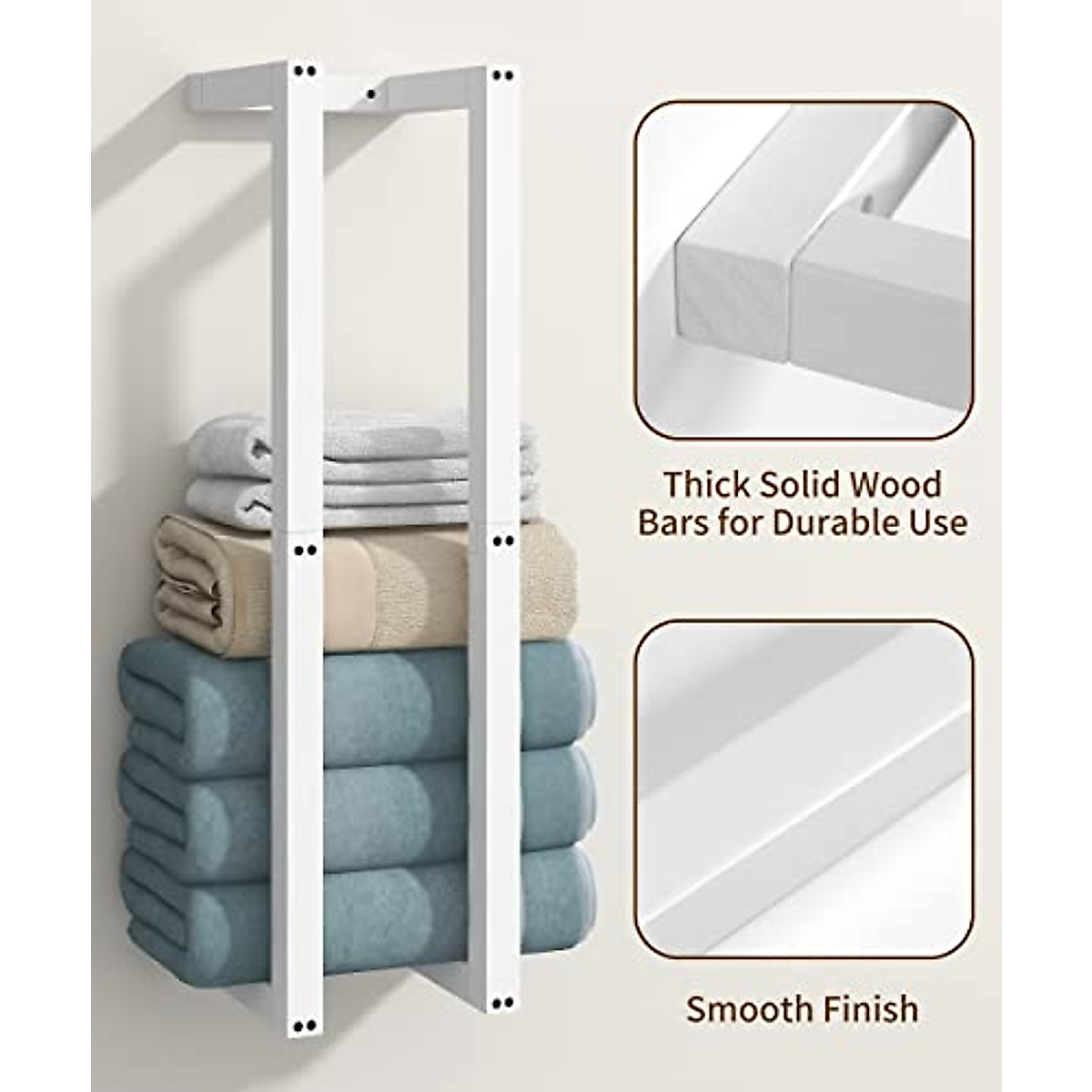 Sonefreiy Bathroom Wall Towel Racks for Rolled Towels, Solid Wooden White Towel Holder, Wall Towel Organizer Rustic Bathroom Towel Storage for Shower Towel, Bath Towels, Beach Towels, Towel Shelves