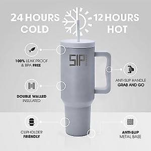 SIP SPHERE 40oz Tumbler with Handle and 2 Straw Lid, Double Wall Vacuum Insulated Thermal Mug Reusable Iced Coffee Cup, Stainless Steel Water Bottle for Home, office,Travel Gift (Winter White)