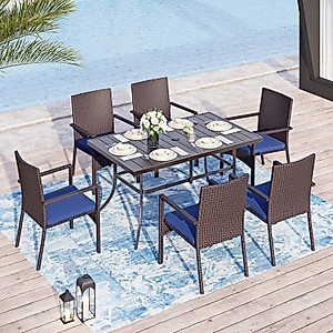 Sophia & William 7 Pieces Patio Dining Furniture with 13 Ft Navy Double-Sided Twin Umbrella, Outdoor Rattan Chairs & Metal Table Set with Cushions and 1.57" Umbrella Hole for Backyard Porch Poolside
