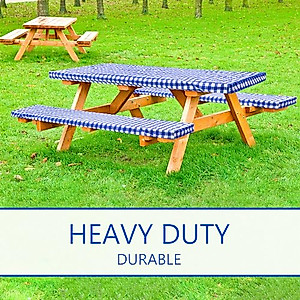 LINPRO 6ft Vinyl Fitted Picnic Table Cover with Bench Covers - Camper and Travel Accessories - Checkered Outdoor Picnic Tablecloth and seat Covers with Elastic Edges Waterproof 3 Pc Set for Patio 72"