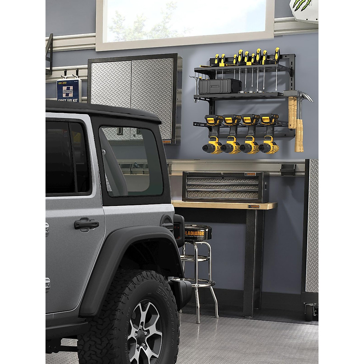 Power Tool Organizer Wall Mount, Tool Storage Rack with 4 Drill Holder, Tool Holder Bears 35lbs, Tool Shelf with Screwdriver, 3-Tier Adjustable Height Tool Rack for Garage Organization and Workshop