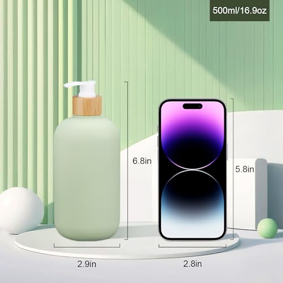 UMETASS 16.9 oz Plastic Bamboo Pump Dispenser Bottles, Shampoo and Conditioner Bottles, Refillable Container for Bathroom Shower Body Wash Lotion (16.9 oz, Green)