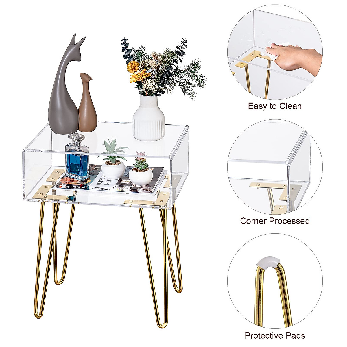 HMYHUM Small Acrylic Nightstand with Metal Legs, 15.6'' L x 11.6'' W x 19.5'' H, Bedside Table for Small Spaces for Bedroom, Easy Assembly, Modern, Clear & Gold