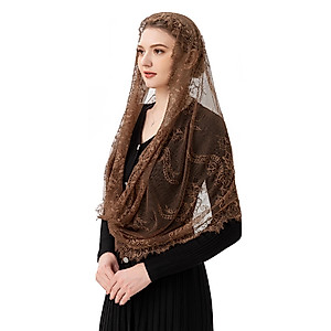 PAMOR Spanish Style Lace Traditional Vintage Inspired Infinity Shape Mantilla Veil Latin Mass Head Covering (Brown)