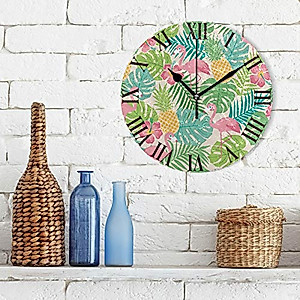 Oreayn Hawaii Flamingo Pineapple Wall Clock for Home Office Bedroom Living Room Decor Non Ticking