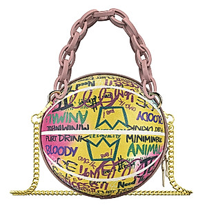 Linkidea Basketball Shaped Purses for Women, Graffiti Letter Girls Mini Round Bag, Vegan Leather Shoulder Crossbody Messenger Handbag (Pink)