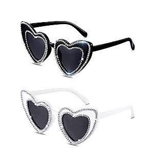 Konohan 2 Pairs Heart Shaped Sunglasses for Women Retro Vintage Bling Rhinestone Sunglasses Bride Bridesmaid Glasses Wedding Decor (Black with Gray, White with Gray)