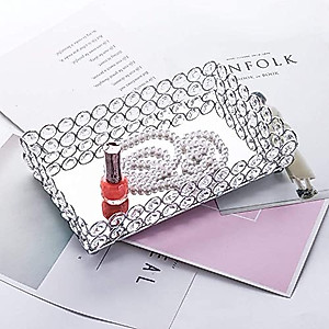 Feyarl 10 Inch Crystal Cosmetic Tray Rectangle Vanity Tray Makeup Jewelry Trinket Organizer Mirror Decorative Tray Perfume Skin Care Organizer Christmas Party Coffee Table(Silver)