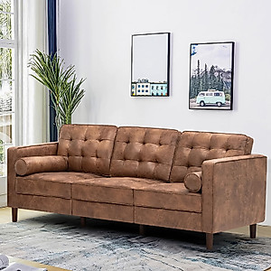 84" Faux Leather 3 Seater Sofa with 2 Bolster Pillows, Tufted Sofa with Wooden Legs, Mordern Couch for Living Room, Office, Apartment, Brown