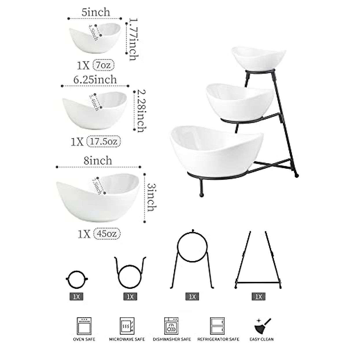 Miamolo Triple Ceramic Serving Bowl Set with Stand - White Serving Tiered Stand,Set of 3 Oval Bowl Set Perfect for Table Decoration Set Party Chip Rack Display Salad Bar Serving Set - Black Stand