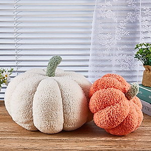 Juexica Halloween Stuffed Pumpkin Fluffy Plush Toy 3D Shaped Decorative Thanksgiving Pillow Soft Cute Throw, 11 Inch, 7 Inch(White, Orange, 2 Pcs)