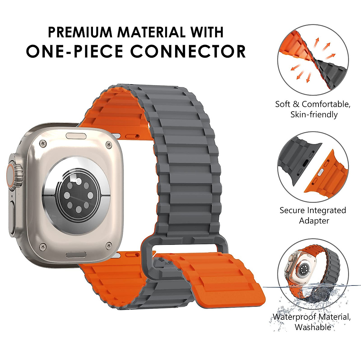 WINGLE Magnetic Band for Apple Watch Ultra 2 Band 49mm 46mm 45mm 44mm 42mm Series 10 9 8 7 Men, Strong Magnetic Bracelet Silicone Sport Strap for iWatch Ultra SE 6 5 4 3 2 1 Women, Grey/Orange