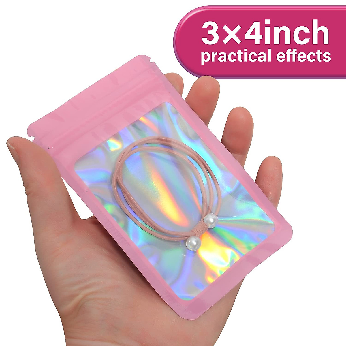 EONJOE 100-pack 3×4 inch mylar bags with clear window holographic resealable sealable packaging zip bag for small bussiness jewelry candy sample food packing supplies （Pink）