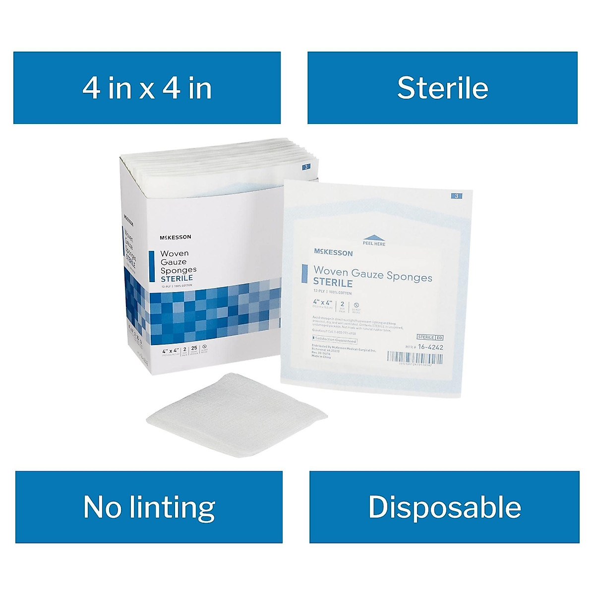 McKesson Woven Gauze Sponges, Sterile, 12-Ply, 100% Cotton, 4 in x 4 in, 2 per Pack, 25 Packs, 50 Total