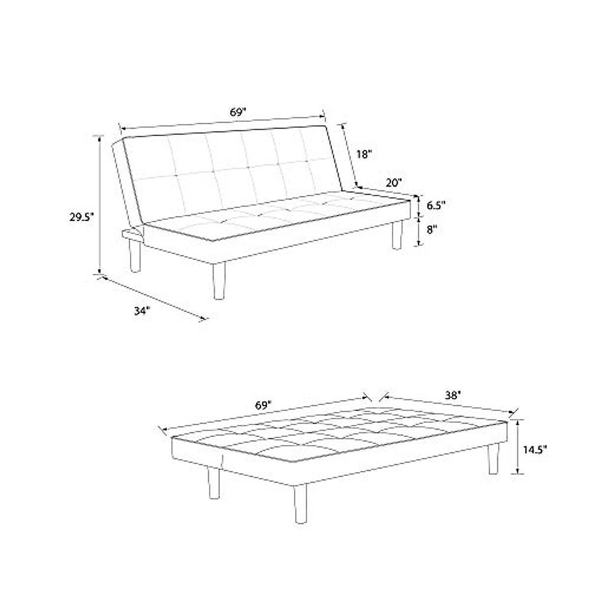 REALROOMS Tyler Velvet Upholstered Futon, Convertible Sofa Bed & Couch, Blue