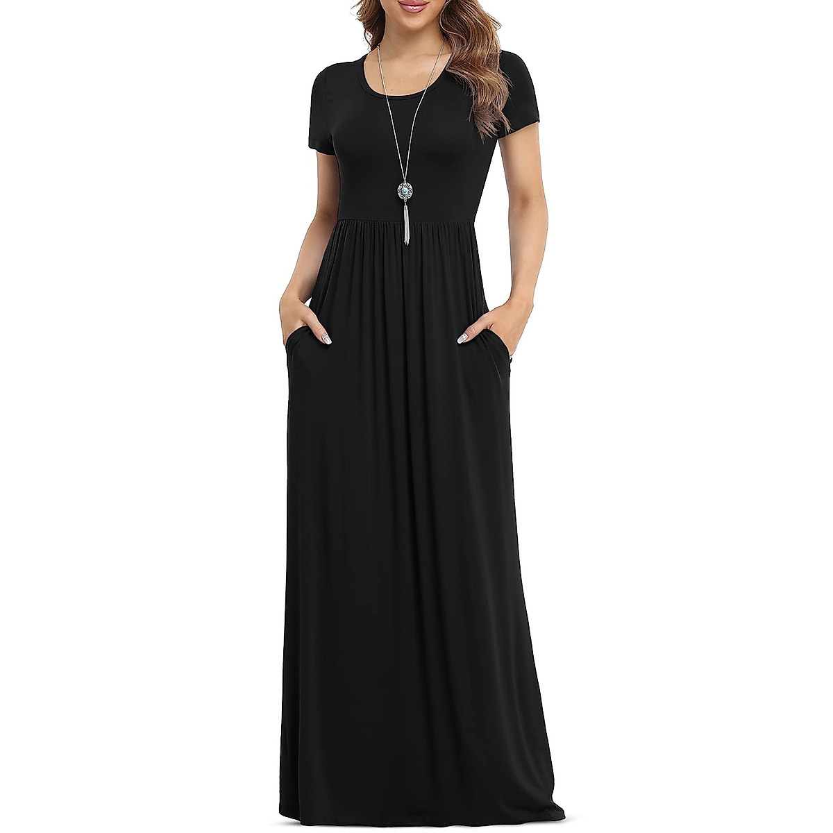 VIISHOW Women's Short Sleeve Loose Plain Maxi Dresses Casual Long Dresses with Pockets(Black, X-Large)