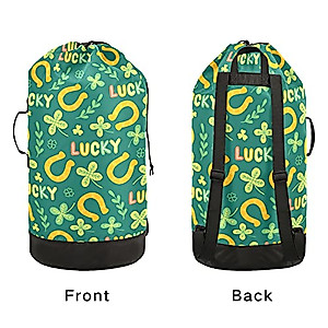 Oyihfvs St Patrick's Day Clover, Branch, Horseshoe, Letters and Quatrefoil Backpack Laundry Bag, Laundry Backpack with Shoulder Straps, Waterproof Nylon Clothes Hamper Bag for Men Women Yoga Backpack