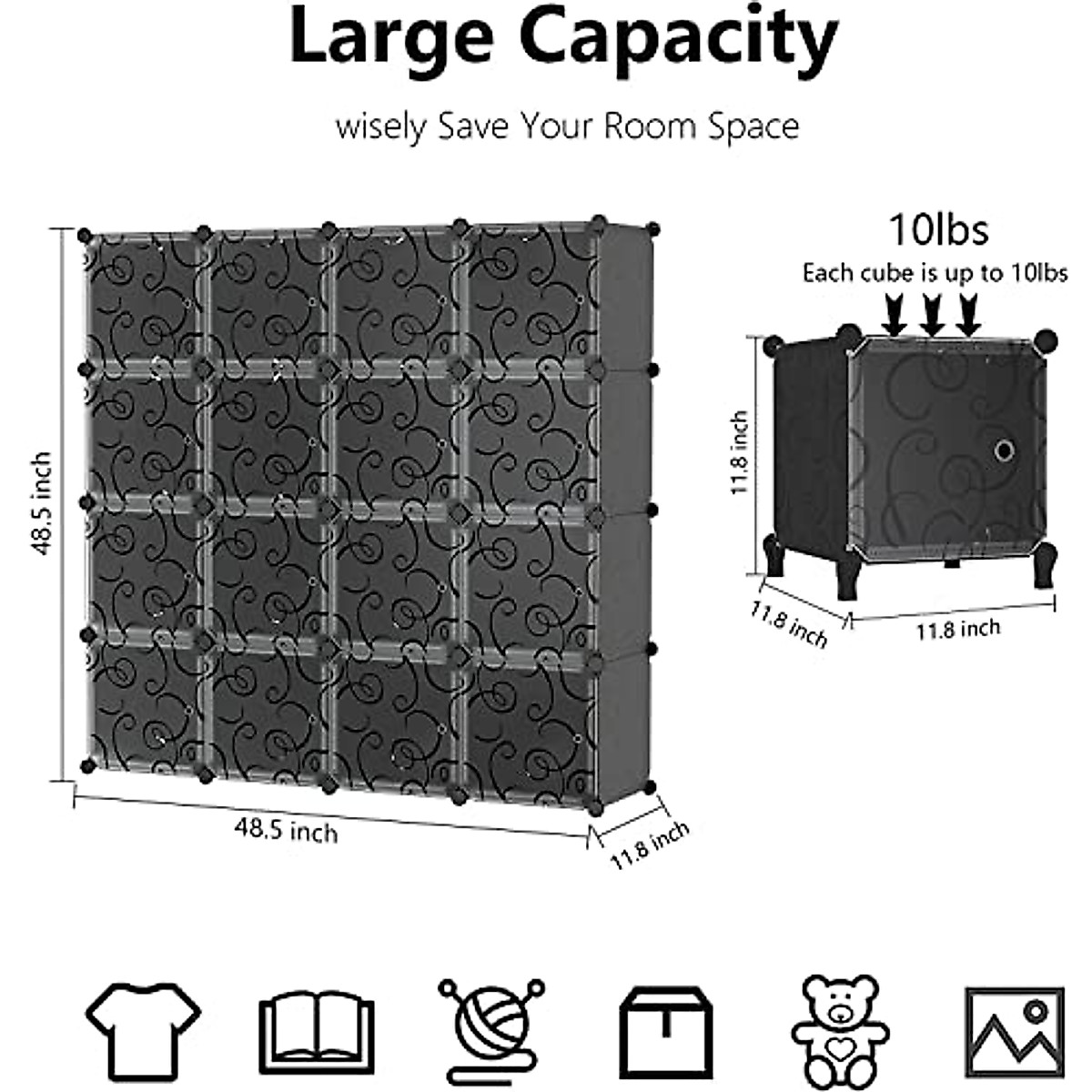 Cube Storage Organizer, 16-Cube Closet Organizer with Doors, 12" × 12" Modular Storage Book Shelves, Plastic Stackable Cubes Cabinet Wardrobe for Bedroom, Home, Black (4 × 4 Cubes)