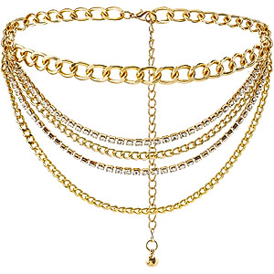 Suyi Multilayer Chain Belt Rhinestone Metal Chain Belts for Women Punk Gold Waist Chain Plus Size 150CM Gold