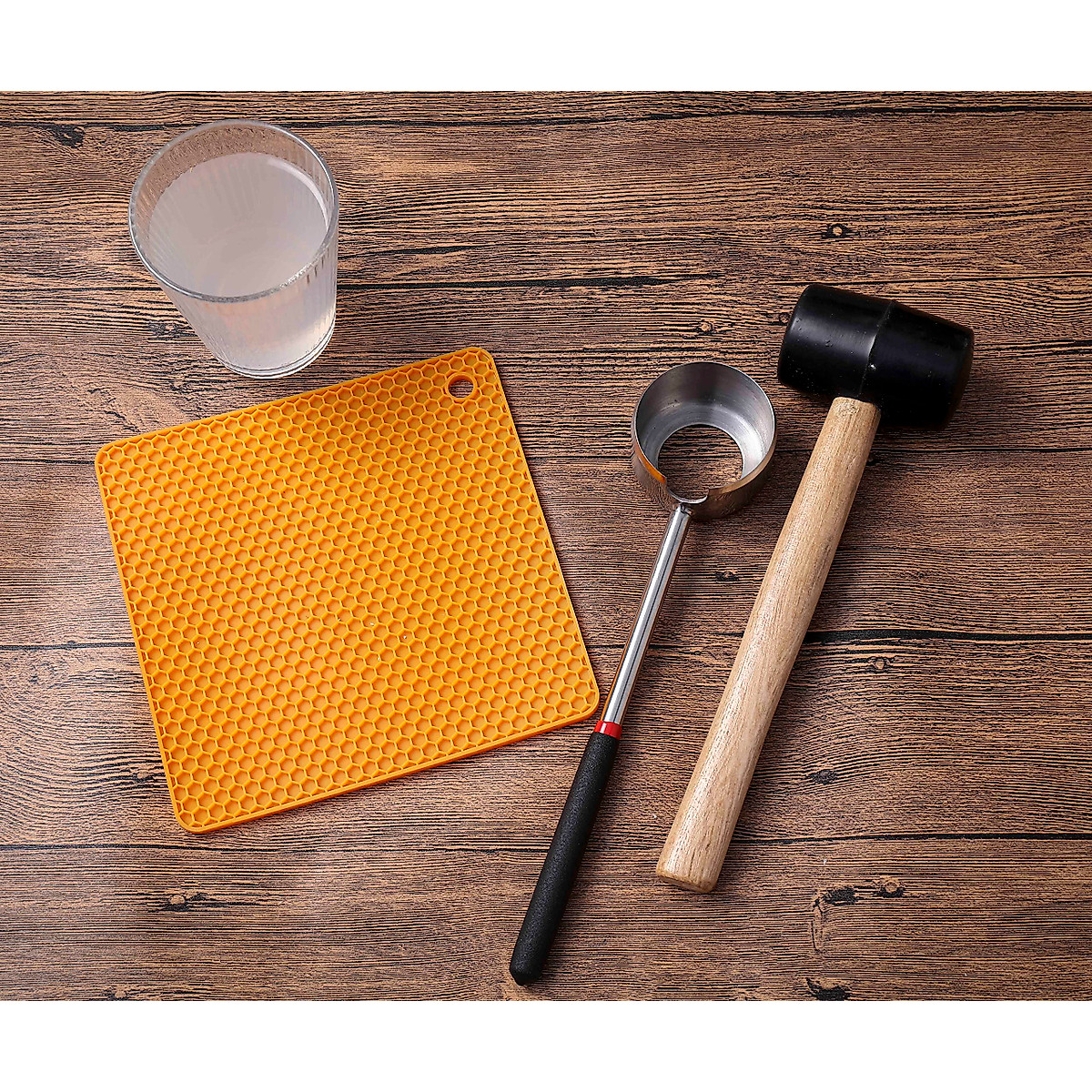 Coconut Opener Tool Set, Food Grade Stainless Steel Coco Opener Kit for Coconut Young & Mature, Coconut Shell Puncher Knife, Rubber Hammer with Wood Handle, Silicone Mat Shockproof