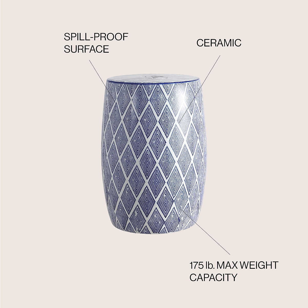 JONATHAN Y TBL1019A Moroccan Diamonds 18" Ceramic Drum Garden Stool, Coastal, Contemporary, Transitional, Side Table, Plant Stand, Spill-Proof, Living Room, Garden Room, Patio, Blue/White