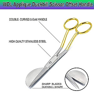 WellnessD'Light 6 Inch Stainless Steel Applique Duckbill Scissors Blade with Offset Handle & 6 Inch Machine Embroidery Double Curved Scissors Bundle Rainbow Color & Gold Handle by WDL