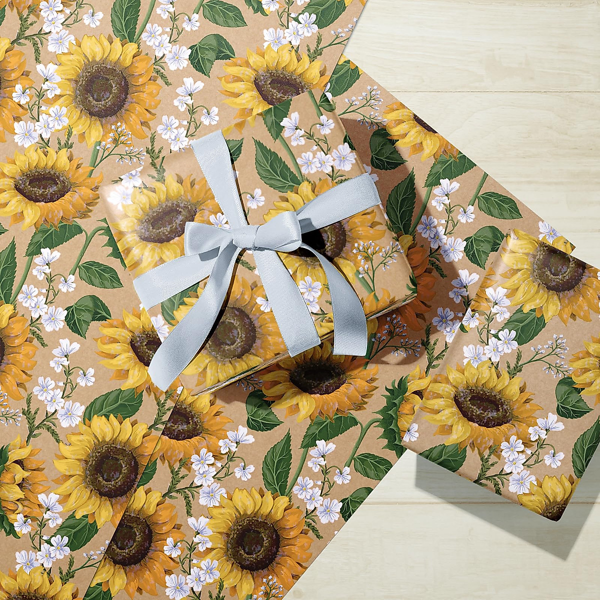 WRAPAHOLIC Kraft Floral Wrapping Paper Roll - Mini Roll - 17 Inch x 33 Feet - Sunflower Design, Perfect for Birthday, Baby Shower, Party, Holiday
