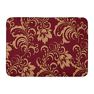 Flower Maroon Gold Floral Classy Bath Mat, Burgundy Antique Bathroom Rugs Soft Bath Rugs Non Slip, Washable Floor Rug Floor Mat Home Decor for Kitchen Bedroom(16x24)