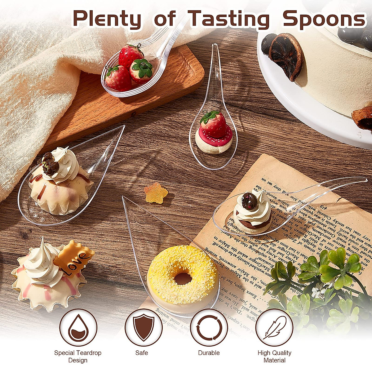 Tessco 400 Pcs 4'' Mini Plastic Appetizer Spoons Plates Disposable Dessert Spoons Tear Drop Tasting Spoons Plastic Asian Soup Spoons for Dessert Sauces Sushi Ice Cream Food Parties, 2 Styles(Clear)