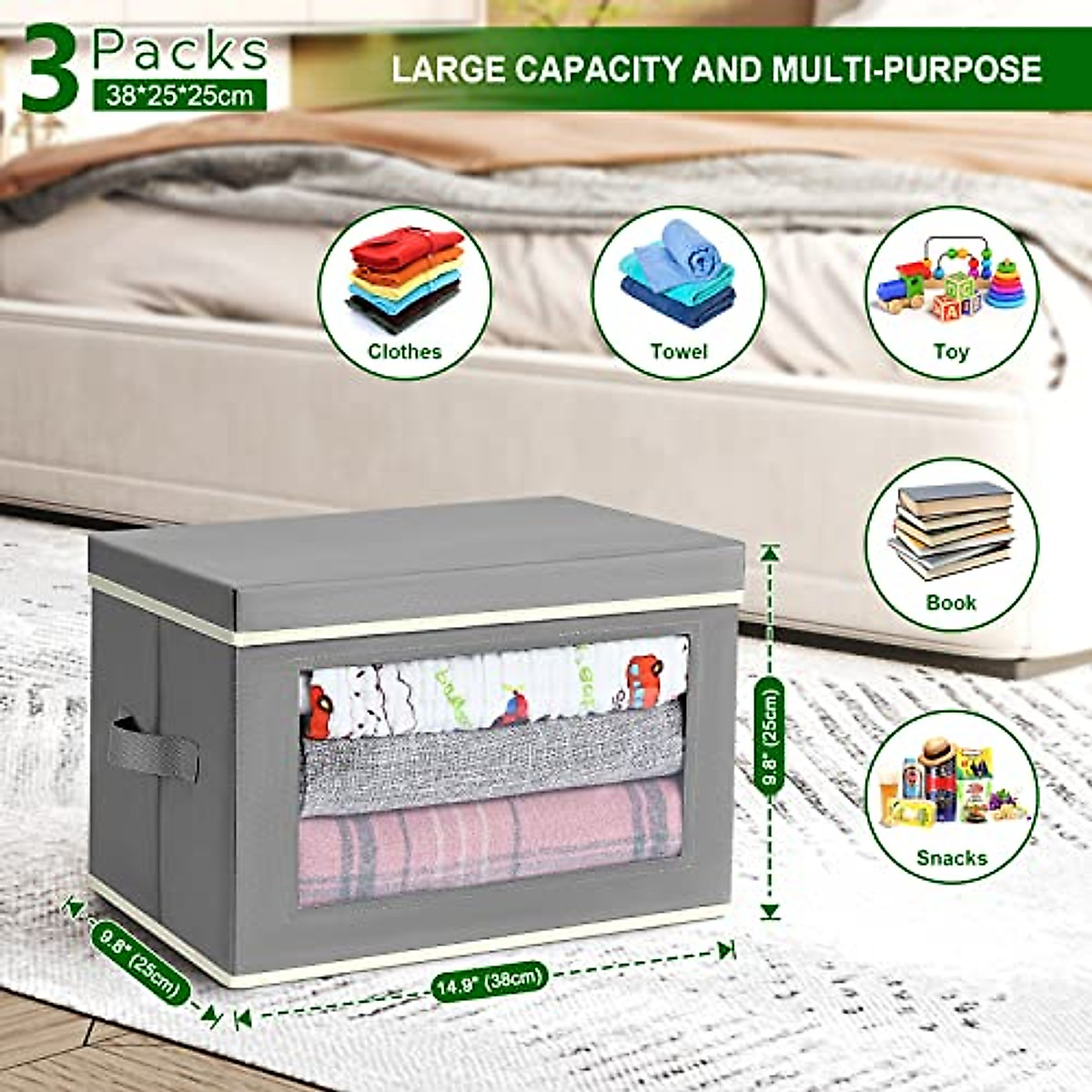 Homsorout Storage Bins with Lids, Trapezoid Storage Bins with Handle, Fabric Storage Baskets for Shelves with Label, Cube Storage Bins Boxes with Window, 6 Packs, Grey, Blended