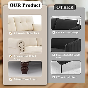 Tufted 3 Seater Sofa Couch, Rolled Arms Mid Century Modern Sofa, Home Sofa Living Room with Rivets, and Solid Wood Legs, Modern couches for Living Room, Bedroom, Guestroom, Apartment, Beige