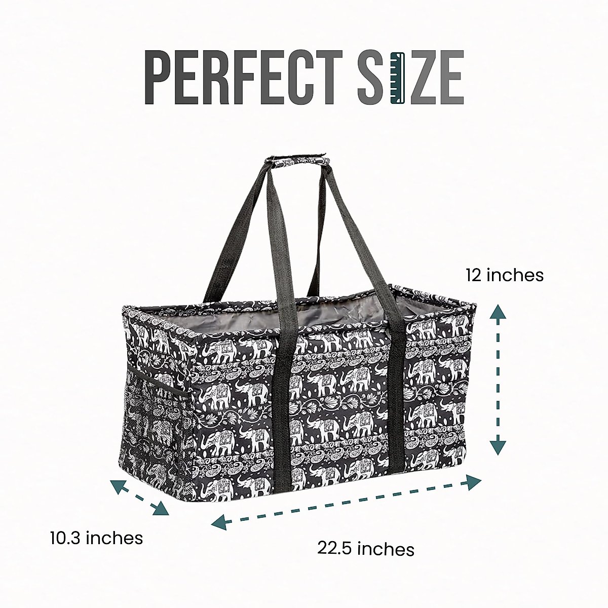 Lucazzi Extra Large Utility Tote Bag - Oversized Collapsible Reusable Wire Frame Rectangular Canvas Basket With Two Exterior Pockets For Beach, Pool, Laundry, Car Trunk, Storage - Gray Elephant