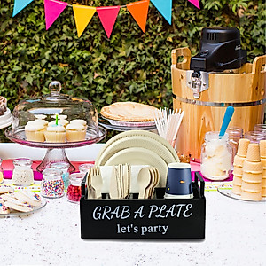 Paper Plate Holder, Utensil Caddy Organizer, Wood Paper Plate Dispenser, Silverware Caddy Holder, and Disposable Coffee Bar Accessories Box for Kitchen Counter, Party, Camping, Picnic (6 compartment)