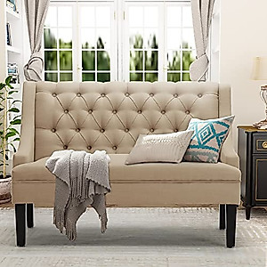 Tongli 50" Small Modern Loveseat Settee Sofa Linen Fabric 2-Seat Sofa Couch Tufted Love Seat Dining Bench with Back Upholstered Banquette Sofas for Living Room Bedroom Small Space Entryway Tan