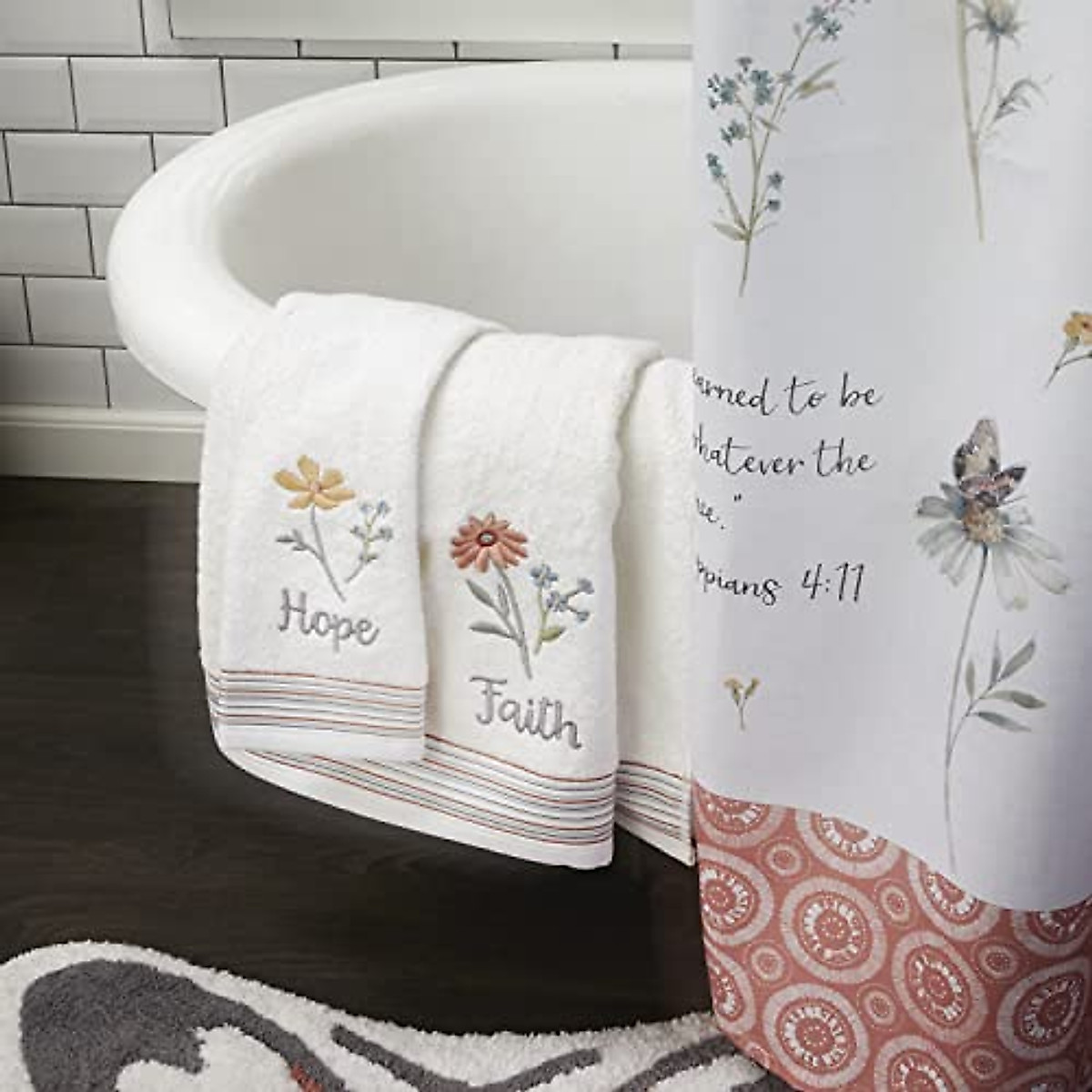 SKL Home Faithful Flowers Hand Towel,Cotton , White Small