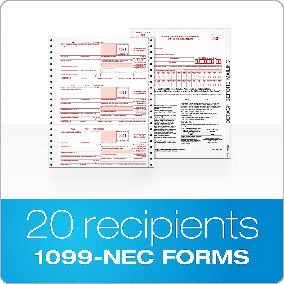 Adams 1099 NEC 3 Up 2021 Continuous Forms, 4 Part Carbonless Forms, for Pin Fed Dot Matrix Printers, with 3 1096, 20 Pack (TXA2299-NEC21)