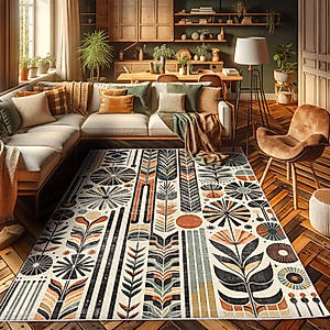 Ambesonne Bohemian Decorative Rug, Retro Mid Century Inspired Abstract Patterns on Ivory Background, Quality Carpet for Bedroom Dorm and Living Room, 4' X 5' 5", Dark Orange and Reseda Green