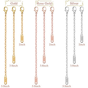 9 Pcs Necklace Extender, Chain Extenders for Necklaces, Delicate Stainless Steel Jewelry Chain Extenders for Bracelet Anklet Necklace (Gold/Silver/Rose Gold, 5/10/15cm)