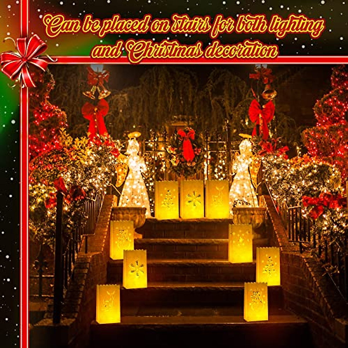 100 Pieces Christmas Luminary Bags White Paper Luminary Bags Flame Resistant Candle Bags Lantern Bags 5 Designs with Christmas Tree Snowflake Snowman Reindeer for Christmas Party Decoration