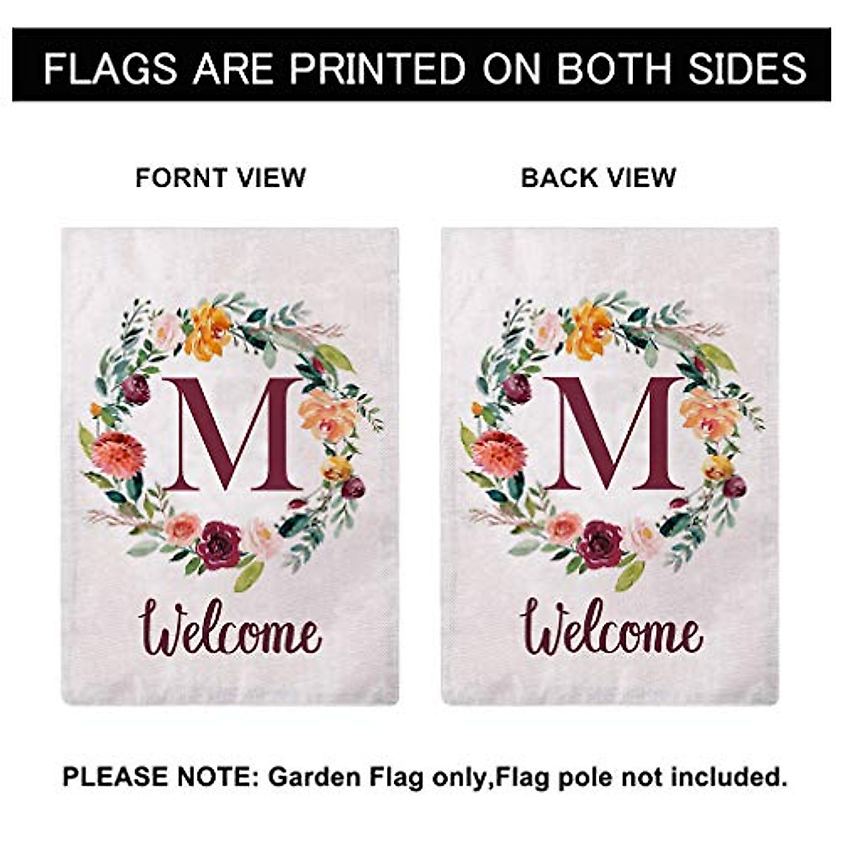 ULOVE LOVE YOURSELF Letter M Garden Flag with Flowers Wreath Double Sided Print Welcome Garden Flags Outdoor House Yard Flags 12.5 x 18 Inch
