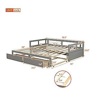 DANGRUUT Upgraded Version Wooden Daybed with Trundle Bed and Two Storage Drawers, Luxurious Bed Daybed Can be Extendable from Twin Size to King Size, Sofa Bed for Bedroom Living Room (Grey)